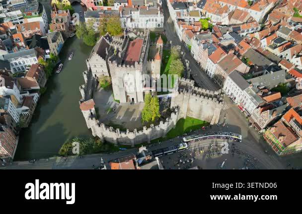 Aerial drone shot of the 10th-century Gravensteen Castle (Castle of the ...