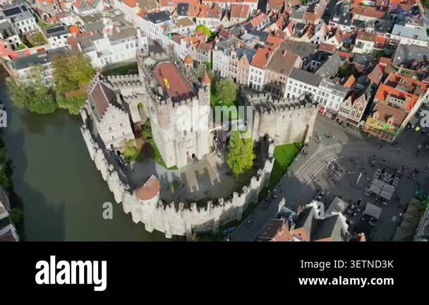 Aerial drone shot of the 10th-century Gravensteen Castle (Castle of the ...