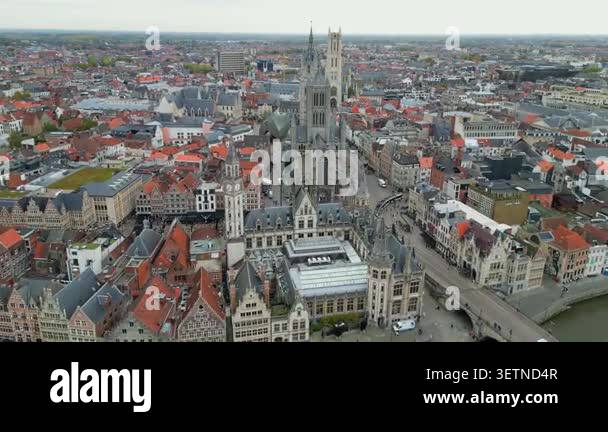 Aerial drone shot of the historic center of Ghent, Belgium. Featuring ...
