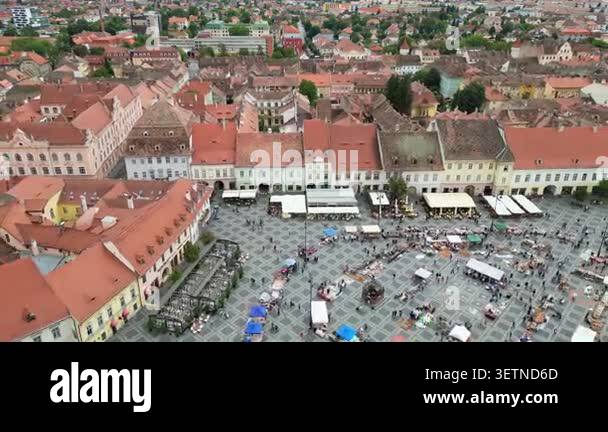 Aerial drone footage of the historic center of Sibiu, Transylvania ...