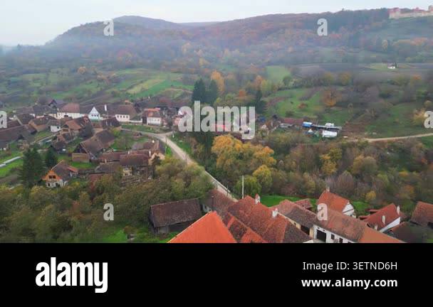 High angle view of the medieval Saschiz UNESCO fortified church in ...