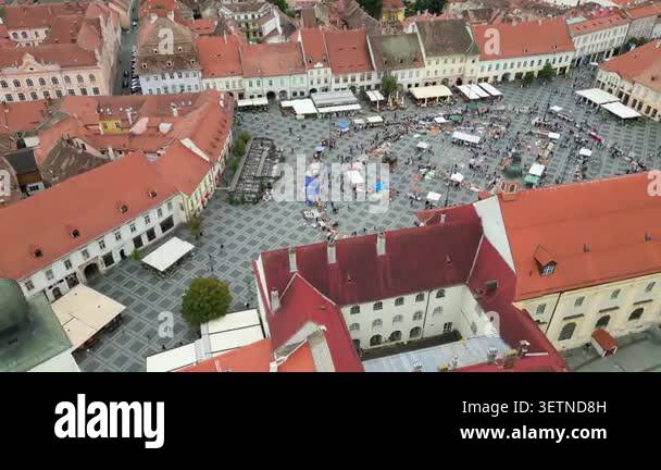 Aerial drone footage of the historic center of Sibiu, Transylvania ...