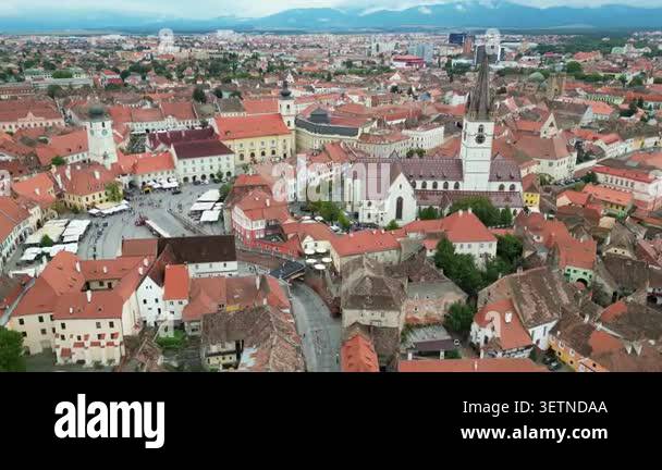 Aerial drone footage of the historic center of Sibiu, Transylvania ...