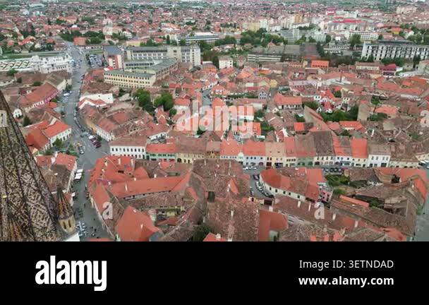 Aerial drone footage of the historic center of Sibiu, Transylvania ...