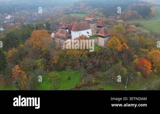 High angle view of Viscri UNESCO fortified church in Transylvania ...