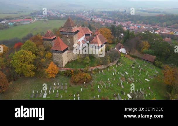 High angle view of Viscri UNESCO fortified church in Transylvania ...