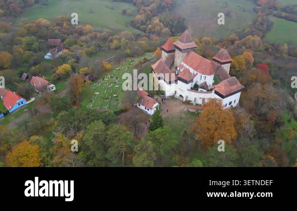 High angle view of Viscri UNESCO fortified church in Transylvania ...