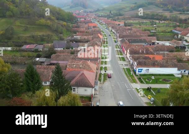 High angle view of the medieval Valea Viilor UNESCO fortified church in ...