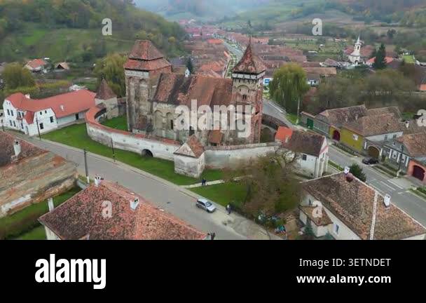 High angle view of the medieval Valea Viilor UNESCO fortified church in ...