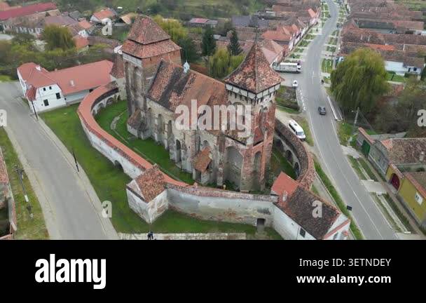 High angle view of the medieval Valea Viilor UNESCO fortified church in ...