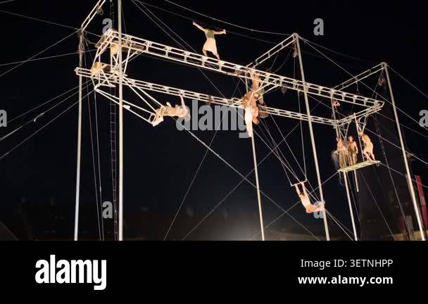Sibiu City, Romania - 20 June 2026 acrobats performing a daring flying ...