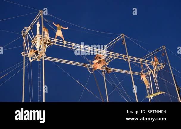 Sibiu City, Romania - 20 June 2026 acrobats performing a daring flying ...