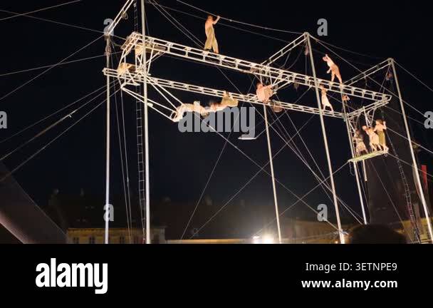 Sibiu City, Romania - 20 June 2026 acrobats performing a daring flying ...