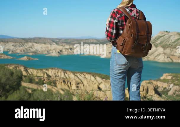 hiker with backpack and mountain view Stock Video Footage - Alamy
