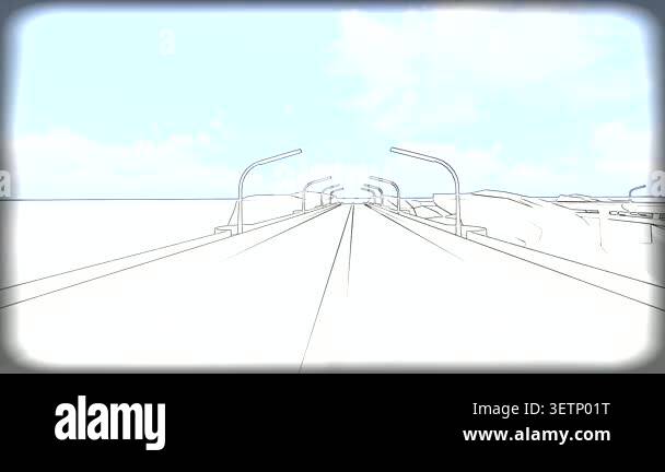First-person perspective of a highway rendered in black and white line ...