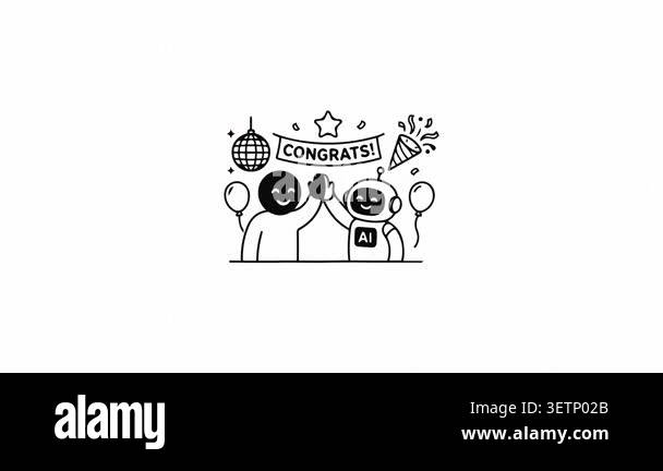 Minimalist line animation of a person and robot high-fiving during a ...