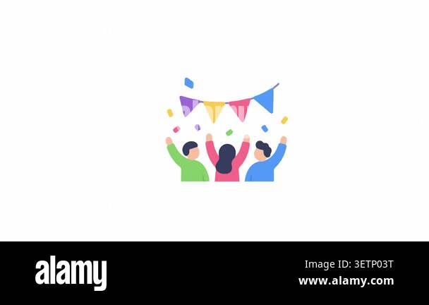 Three happy people cheer under festive flags with falling confetti ...