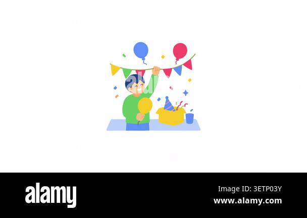 A joyful boy hangs vibrant bunting and arranges balloons for a festive ...