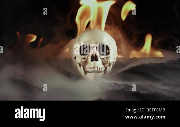 Skull in Hellfire and Mist Halloween Scary Concept Stock Video Footage ...