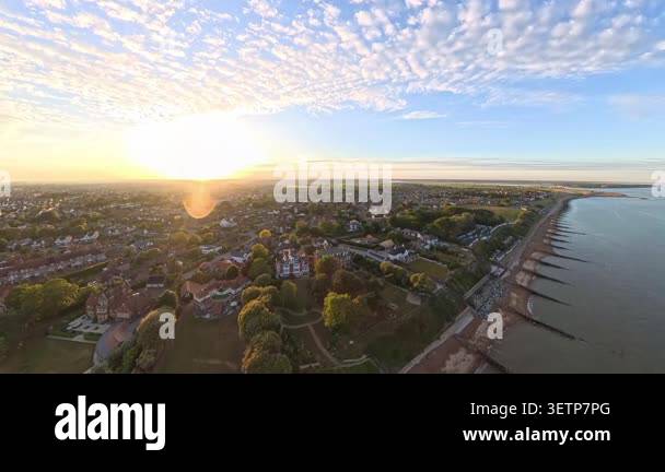 4K Drone Aerial View: Old Felixstowe Seafront and Shingle Beach at ...
