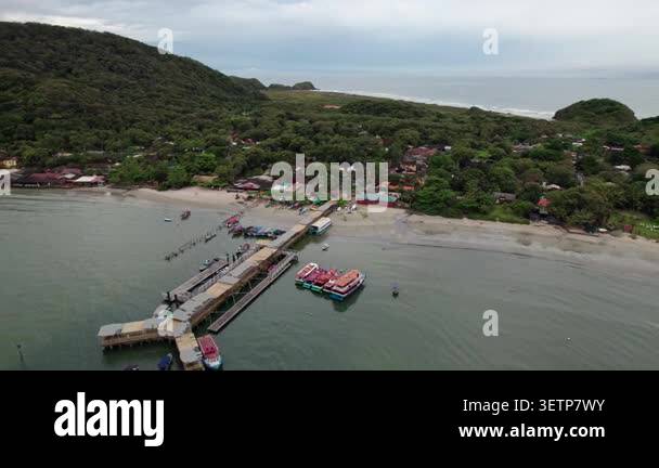 Aerial view of a coastal village with a pier, beach, and green hills ...