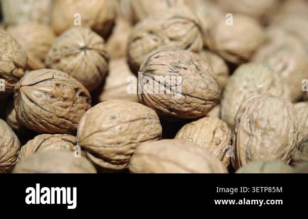 Walnuts are shown close up as they fill a table in daylight Stock Video ...
