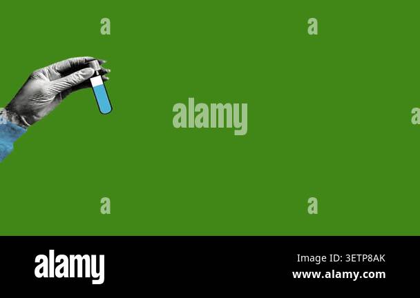 Cutout animation of a gloved hand holding a test tube with blue liquid ...