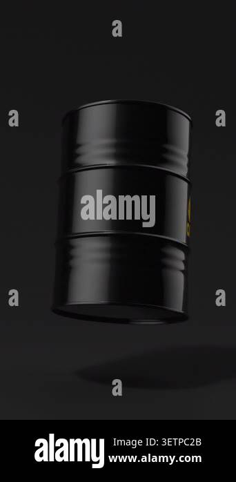 Realistic single black metal oil barrel rotating on a black background ...