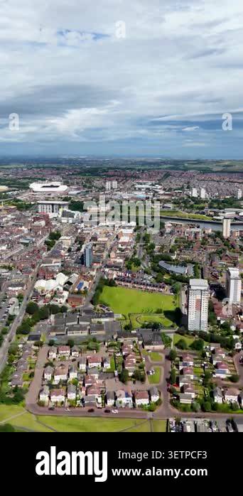 Portrait vertical aerial view of Sunderland city centre with the ...