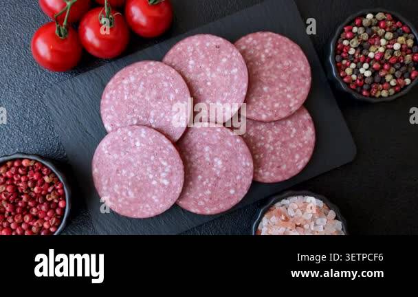 Slices of smoked salami or pepperoni for making sandwiches or pizza at ...