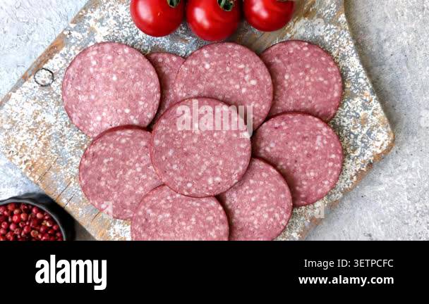 Slices of smoked salami or pepperoni for making sandwiches or pizza at ...