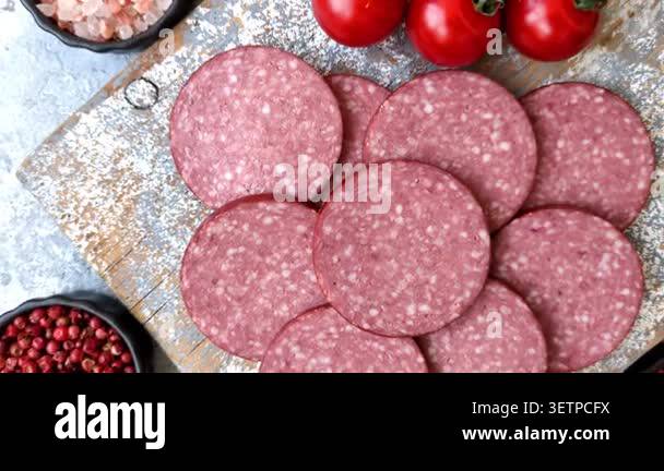 Slices of smoked salami or pepperoni for making sandwiches or pizza at ...