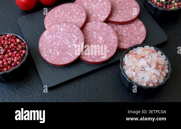 Slices of smoked salami or pepperoni for making sandwiches or pizza at ...