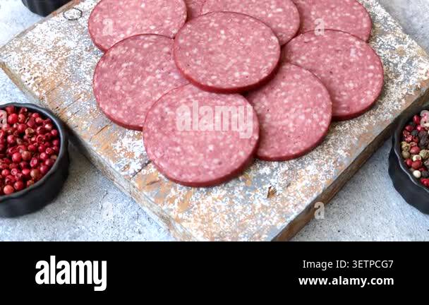 Slices of smoked salami or pepperoni for making sandwiches or pizza at ...