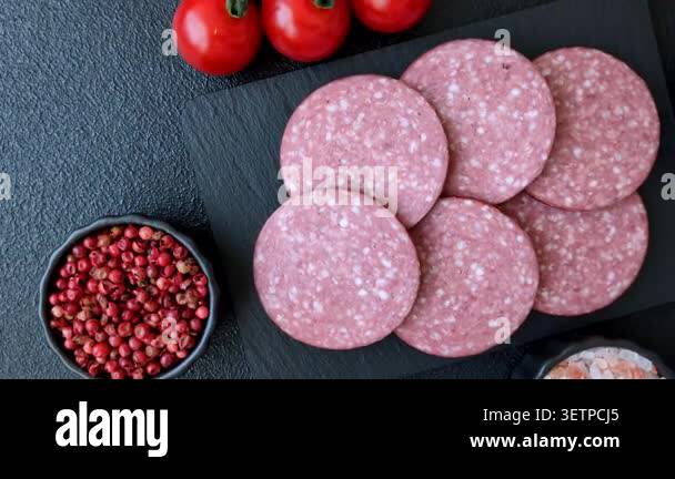 Slices of smoked salami or pepperoni for making sandwiches or pizza at ...