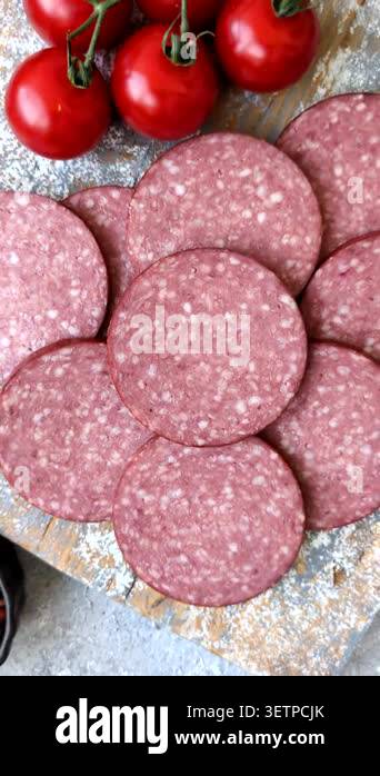 Slices of smoked salami or pepperoni for making sandwiches or pizza at ...