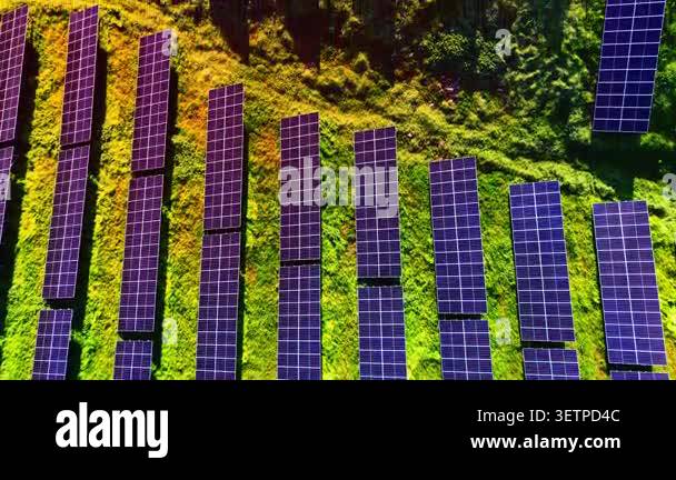 Overhead view of parallel photovoltaic module rows, providing a close ...
