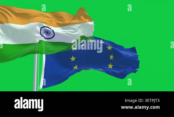 Flags of India and the European Union waving isolated on green ...