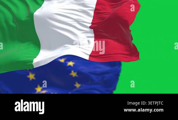 National flag of Italy waving in the wind with the European Union flags ...