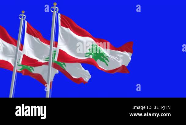 Lebanon national flags waving isolated on blue background. Seamless 3D ...