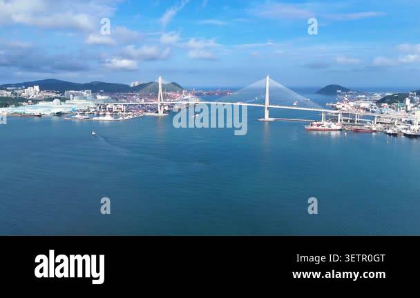 Aerial view of the magnificent busan harbor bridge, a famous landmark ...