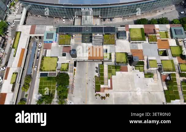 Aerial top down view of the modern architectural plaza at busan station ...