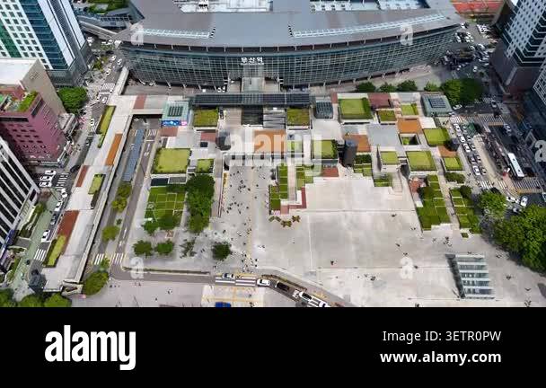 Top down aerial view of the bustling busan train station in south korea ...