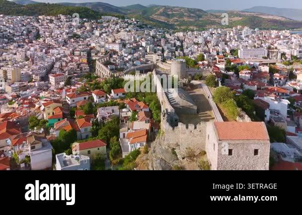 Aerial view of the historic Panagia district in Kavala, Greece. The ...