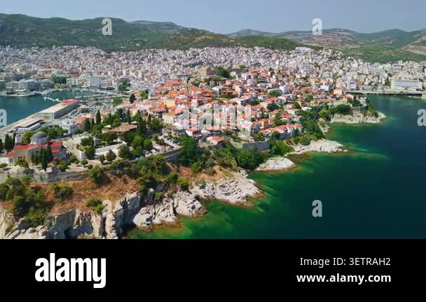 Aerial view of the historic Panagia district in Kavala, Greece. The ...