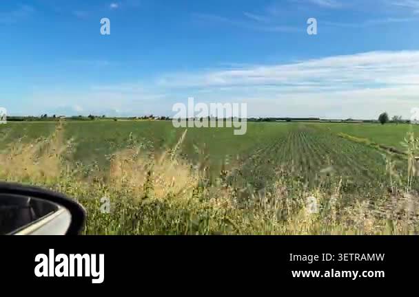 Scenic view from a car window of a vast green agricultural field with ...