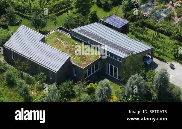 High angle view showcasing a contemporary eco friendly home featuring a ...