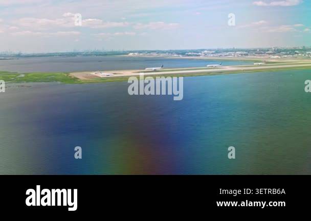 Beautiful view from airplane window during landing approach to JFK ...