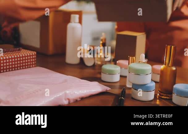 cosmetics in a beauty salon on the background of a wooden table Stock ...