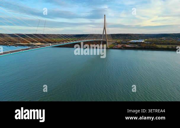 Landmark Pont de Normandie spanning the Seine estuary, drone view of ...